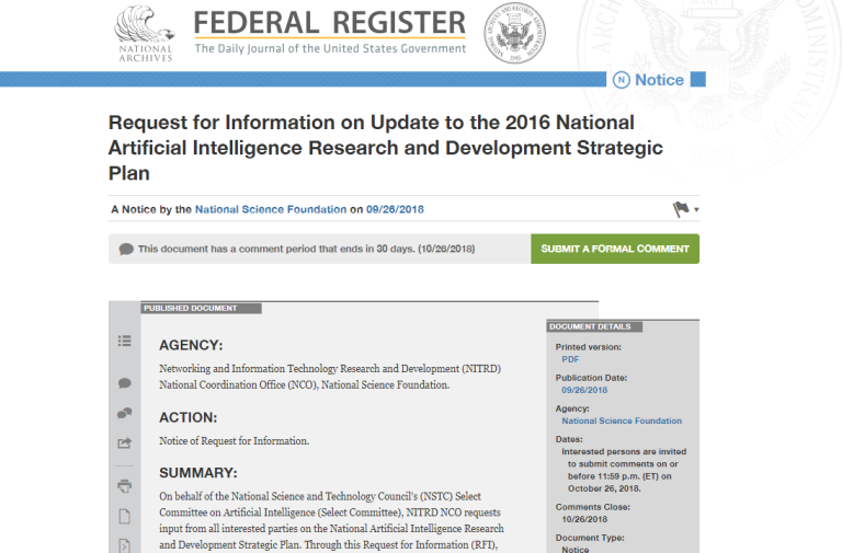 REQUEST FOR INFORMATION ON UPDATE TO THE 2016 NATIONAL ARTIFICIAL INTELLIGENCE RESEARCH AND ...